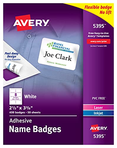 Avery Flexible Name Tag Stickers, White Rectangle Labels, 400 Removable Name Badges, 2-1/3" x 3-3/8" (5395) & Printable Tent Cards with Sure Feed Technology, 2.5" x 8.5"