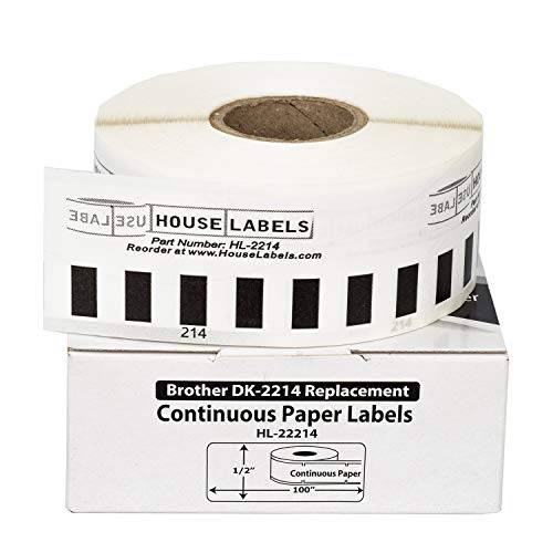 HOUSELABELS Compatible with DK-2214 Replacement Roll for Brother QL Label Printers; Continuous Length Labels; 1/2" 100 feet (12mm*30.48m) with 1 Reusable Cartridge - 6 Rolls