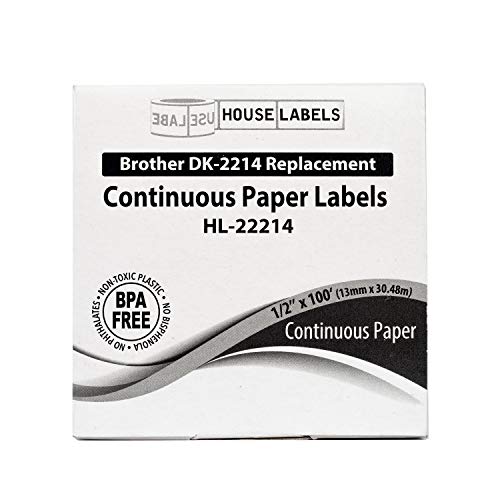 HOUSELABELS Compatible with DK-2214 Replacement Roll for Brother QL Label Printers; Continuous Length Labels; 1/2" 100 feet (12mm*30.48m) with 1 Reusable Cartridge - 6 Rolls