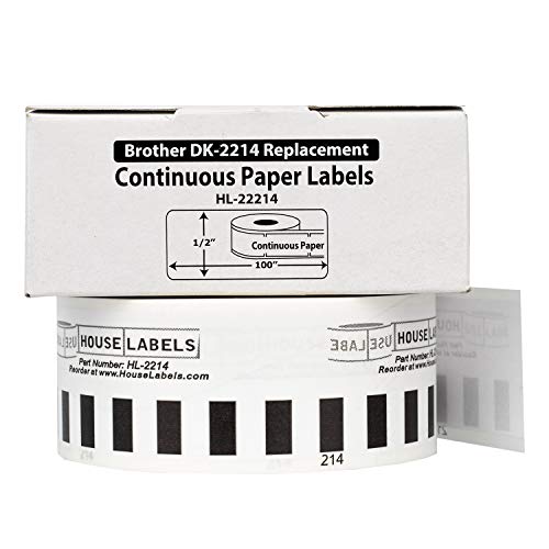 HOUSELABELS Compatible with DK-2214 Replacement Roll for Brother QL Label Printers; Continuous Length Labels; 1/2" 100 feet (12mm*30.48m) with 1 Reusable Cartridge - 6 Rolls