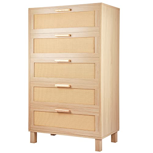 Graficial 5 Drawer Dresser, Chest of Drawers, Hamilton Rattan Tall Bedside Storage Table, Oak Dresser for Bedroom,Living Room