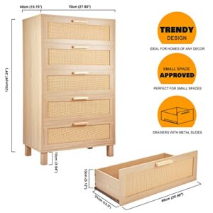 Graficial 5 Drawer Dresser, Chest of Drawers, Hamilton Rattan Tall Bedside Storage Table, Oak Dresser for Bedroom,Living Room