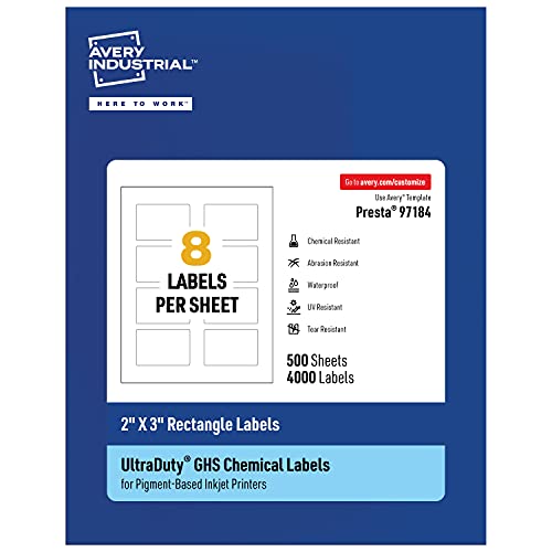 Avery UltraDuty GHS Labels, Waterproof, 2 X 3 Inch Rectangle Printable Labels, Pack of 4000 White Labels for Use with Pigment Inkjet Printers