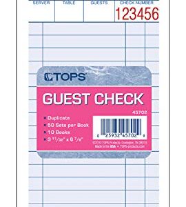 TOPS Guest Check Books, 2-Part, Carbonless, White/Canary, 3-11/32" x 6-3/8", 50 Sets/Pad, 10 Pads/Pack (45702)