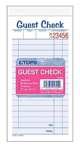 TOPS Guest Check Books, 2-Part, Carbonless, White/Canary, 3-11/32" x 6-3/8", 50 Sets/Pad, 10 Pads/Pack (45702)