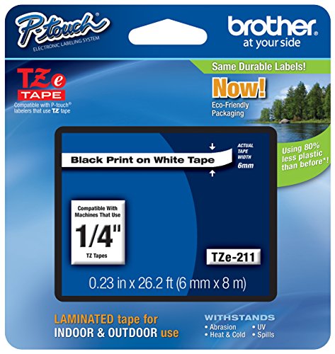 Genuine Brother 1/4" (6mm) Black on White TZe P-Touch Tape for Brother PT-D600, PTD600 Label Maker