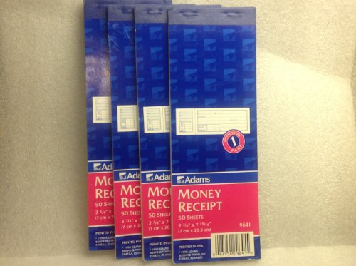 Adams 9641 Money Receipt Book 1-part Tear-off Stub 2-3/4 X 7-15/16 Inch 50 Pages Per Book (4 Books for 200 Total Pages)