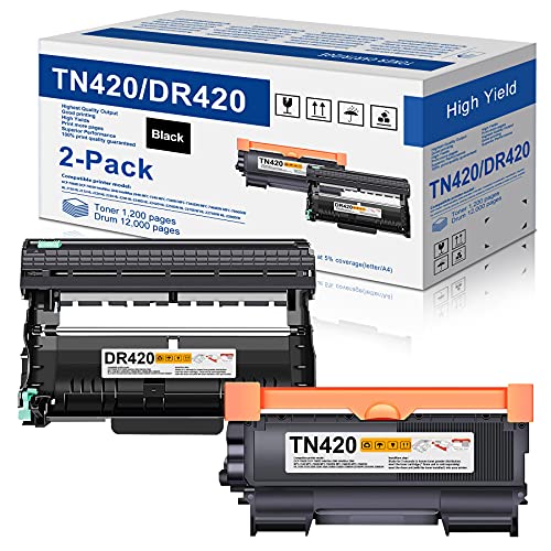 2-Pack(1Toner+1Drum) TN-420 TN420 Toner and DR420 DR 420 Drum Replacement for Brother TN 420 DR-420 HL-2270DW HL-2280DW HL-2230 HL-2240 MFC-7360N MFC-7860DW 2840 2940 Printer