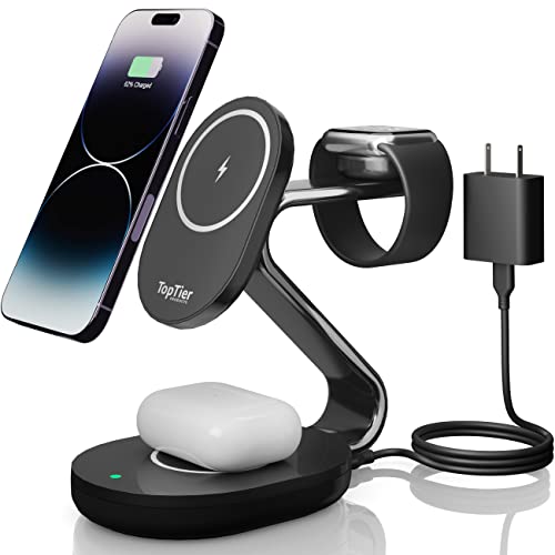 TopTier 3 in 1 Magsafe Wireless Charging Station, Metal Design, iPhone Apple Watch Airpods, Magsafe Compatible (Black)