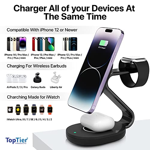 TopTier 3 in 1 Magsafe Wireless Charging Station, Metal Design, iPhone Apple Watch Airpods, Magsafe Compatible (Black)