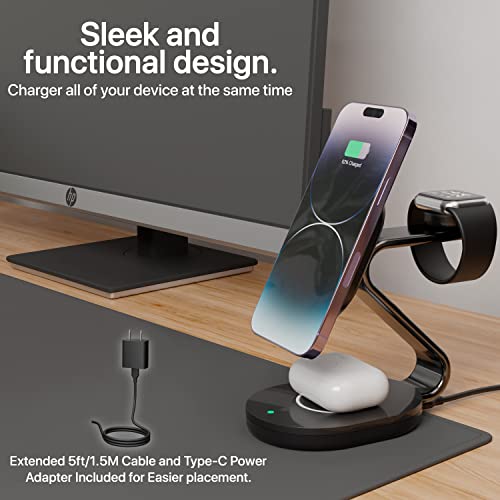 TopTier 3 in 1 Magsafe Wireless Charging Station, Metal Design, iPhone Apple Watch Airpods, Magsafe Compatible (Black)