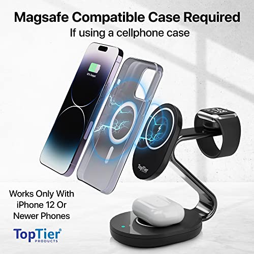 TopTier 3 in 1 Magsafe Wireless Charging Station, Metal Design, iPhone Apple Watch Airpods, Magsafe Compatible (Black)