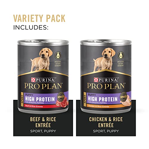 Purina Pro Plan Sport Wet Beef & Rice Entrée and Chicken and Rice Entrée Puppy Wet Dog Food Variety Pack - (12) 13 Oz. Cans