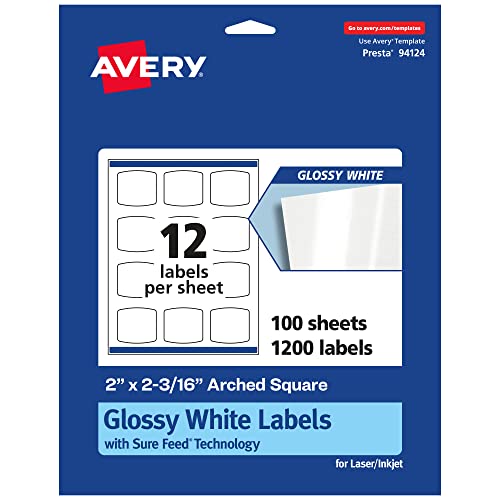 Avery Glossy White Arched Square Labels with Sure Feed, 2" x 2-3/16", 1,200 Glossy White Labels, Print-to-The-Edge, Permanent Label Adhesive, Laser/Inkjet Printable Labels