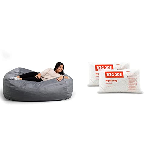 Big Joe Fuf XL Foam Filled Bean Bag Chair with Removable Cover, Gray Plush, 5ft Giant & Bean Refill 2Pk Polystyrene Beans for Bean Bags or Crafts, 100 Liters per Bag