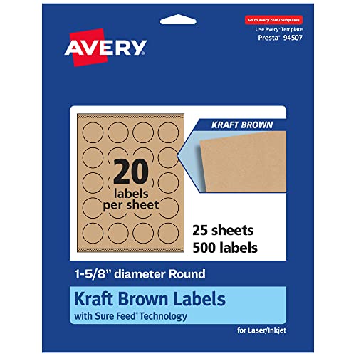 Avery Kraft Brown Round Labels with Sure Feed, 1-5/8" Diameter, 500 Kraft Brown Labels, Print-to-The-Edge, Laser/Inkjet Printable Labels