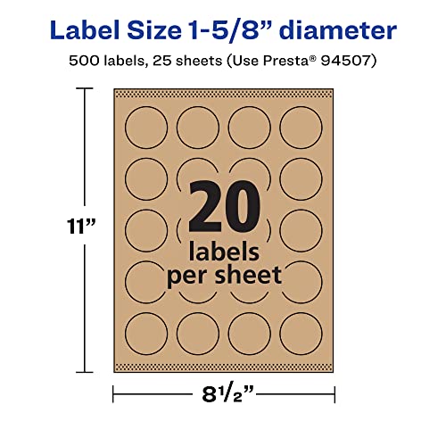 Avery Kraft Brown Round Labels with Sure Feed, 1-5/8" Diameter, 500 Kraft Brown Labels, Print-to-The-Edge, Laser/Inkjet Printable Labels