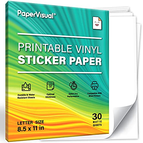 PAPERVISUAL 30 Printable Sticker Paper for Inkjet Printer - Matte White Waterproof Sticker Printer Paper - 8.5 x 11 Inches, Thick, Smudge Proof, Jam Tear Resistant - Inkjet & Laser Printer compatible