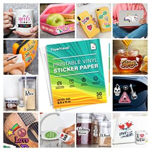 PAPERVISUAL 30 Printable Sticker Paper for Inkjet Printer - Matte White Waterproof Sticker Printer Paper - 8.5 x 11 Inches, Thick, Smudge Proof, Jam Tear Resistant - Inkjet & Laser Printer compatible