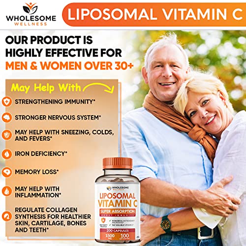 Liposomal Vitamin C Capsules (200 Pills 1500mg Buffered) High Absorption VIT C, Immune System & Collagen Booster, High Dose Fat Soluble Immunity Support Ascorbic Acid Supplement, Natural Vegan