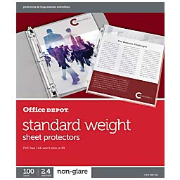 office depot top-loading sheet protectors, standard weight, non-glare, box of 100, 498761