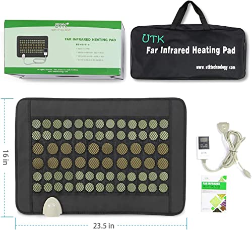 UTK Far Infrared Natural Jade and Tourmaline Heating Pad for Back, Small Pro (23.5”X16”), Smart Controller with Memory Function, Auto Shut Off and Travel Bag Included