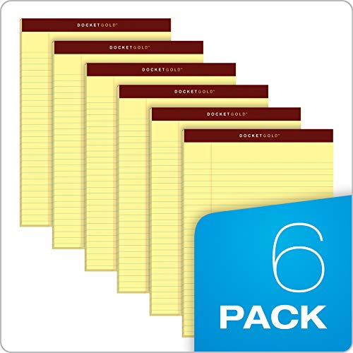 Tops Docket Gold Writing Pads, 8-1/2" x 11-3/4", Legal Rule, Canary Paper, Perforated, 50 Sheets, 6 Pack (63956)