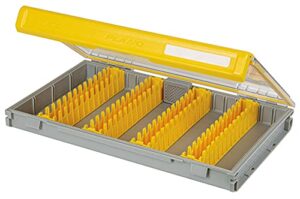 plano edge 3700 vertical jig & spybait box tackle storage, gray and yellow, holds up to 52 vertical baits, rust-resistant and waterproof bait organizer box