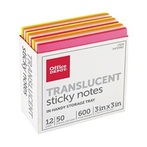 office depot® brand translucent sticky notes, with storage tray, 3″ x 3″, assorted colors, 50 notes per pad, pack of 12