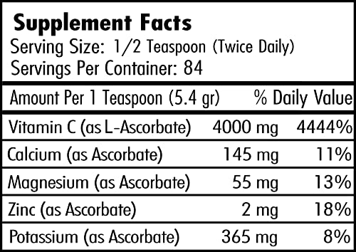 C-Salts Buffered Vitamin C Powder 4000mg, High Dose Vitamin C Supplement Drink, No Sodium, Ascorbate Megadose For Sensitive Stomachs, Corn Free Non-GMO Vegan Antioxidant Immune Energy Support 8oz