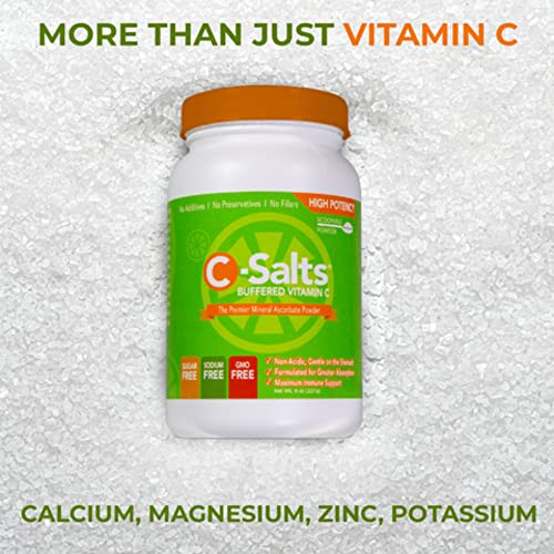 C-Salts Buffered Vitamin C Powder 4000mg, High Dose Vitamin C Supplement Drink, No Sodium, Ascorbate Megadose For Sensitive Stomachs, Corn Free Non-GMO Vegan Antioxidant Immune Energy Support 8oz