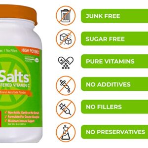 C-Salts Buffered Vitamin C Powder 4000mg, High Dose Vitamin C Supplement Drink, No Sodium, Ascorbate Megadose For Sensitive Stomachs, Corn Free Non-GMO Vegan Antioxidant Immune Energy Support 8oz