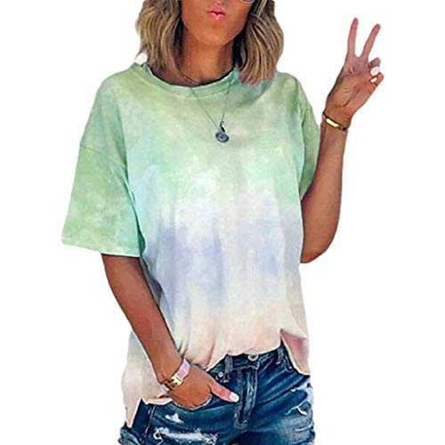 Womens Tie Dye Shirts Summer Short Sleeve Graphic Tee Casual Loose Summer Tops Crewneck Gradient Shirt Plus Size.S-5XL Green