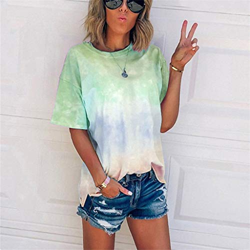 Womens Tie Dye Shirts Summer Short Sleeve Graphic Tee Casual Loose Summer Tops Crewneck Gradient Shirt Plus Size.S-5XL Green