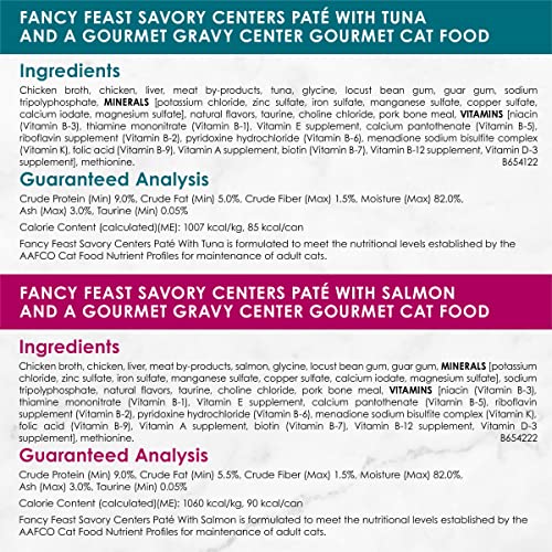 Purina Fancy Feast Pate Wet Cat Food Variety Pack, Savory Centers Pate With a Gravy Center - (2 Packs of 12) 3 oz. Pull-Top Cans