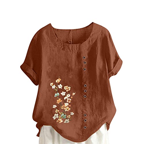 Summer Women Cotton Linen T-Shirt Casual Floral Pattern Blouses Tops Short Sleeve Crewneck Loose Tunic Comfy Soft Tees Coffee