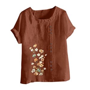 Summer Women Cotton Linen T-Shirt Casual Floral Pattern Blouses Tops Short Sleeve Crewneck Loose Tunic Comfy Soft Tees Coffee