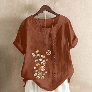 Summer Women Cotton Linen T-Shirt Casual Floral Pattern Blouses Tops Short Sleeve Crewneck Loose Tunic Comfy Soft Tees Coffee