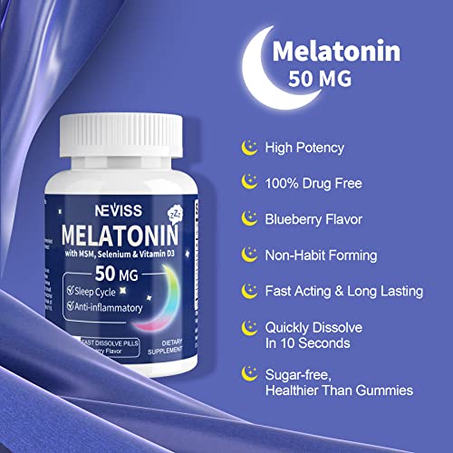 Sugar-Free Melatonin 50 mg for Adults - Fast Dissolve & Chewable Sublingual - Extra Strength Melatonin with MSM, Selenium & Vitamin D3, for Relaxation, Health Rest Cycle, Deep Zzzs,Immune,120 Servings