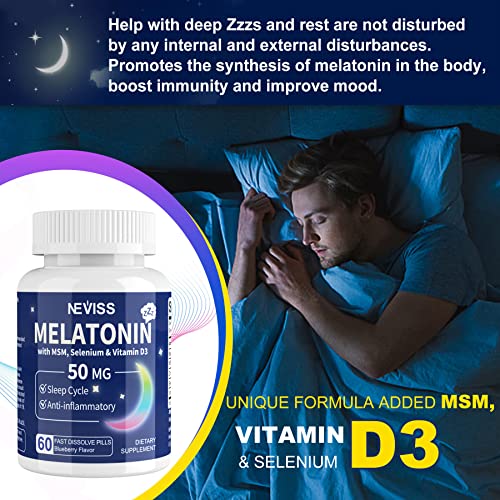 Sugar-Free Melatonin 50 mg for Adults - Fast Dissolve & Chewable Sublingual - Extra Strength Melatonin with MSM, Selenium & Vitamin D3, for Relaxation, Health Rest Cycle, Deep Zzzs,Immune,120 Servings