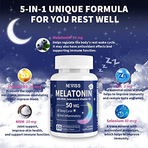 Sugar-Free Melatonin 50 mg for Adults - Fast Dissolve & Chewable Sublingual - Extra Strength Melatonin with MSM, Selenium & Vitamin D3, for Relaxation, Health Rest Cycle, Deep Zzzs,Immune,120 Servings