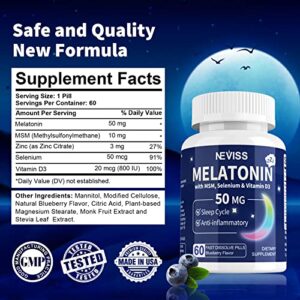 Sugar-Free Melatonin 50 mg for Adults - Fast Dissolve & Chewable Sublingual - Extra Strength Melatonin with MSM, Selenium & Vitamin D3, for Relaxation, Health Rest Cycle, Deep Zzzs,Immune,120 Servings