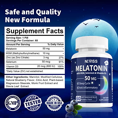 Sugar-Free Melatonin 50 mg for Adults - Fast Dissolve & Chewable Sublingual - Extra Strength Melatonin with MSM, Selenium & Vitamin D3, for Relaxation, Health Rest Cycle, Deep Zzzs,Immune,120 Servings