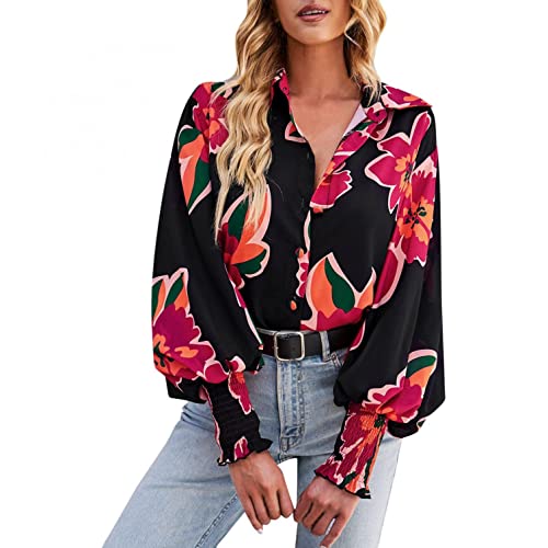 Button Down Shirts for Women Collared Long Lantern Sleeve Loose Fall Blouse Trendy Hawaiian Hawaii To Wear with Leggings Patterned Tunic Tops Summer Autumn Elastic Sleeve Casual Flower Floral Red