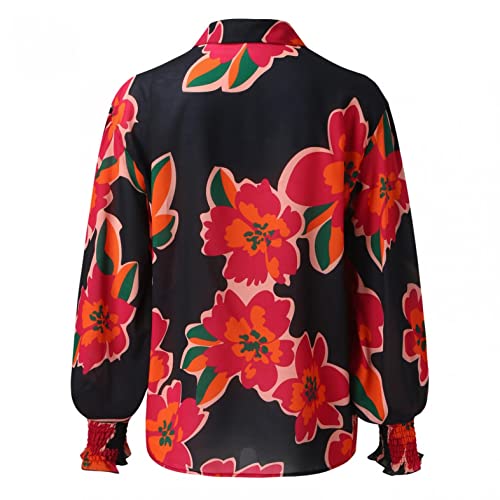 Button Down Shirts for Women Collared Long Lantern Sleeve Loose Fall Blouse Trendy Hawaiian Hawaii To Wear with Leggings Patterned Tunic Tops Summer Autumn Elastic Sleeve Casual Flower Floral Red