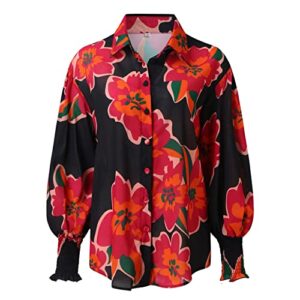 Button Down Shirts for Women Collared Long Lantern Sleeve Loose Fall Blouse Trendy Hawaiian Hawaii To Wear with Leggings Patterned Tunic Tops Summer Autumn Elastic Sleeve Casual Flower Floral Red