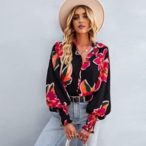 Button Down Shirts for Women Collared Long Lantern Sleeve Loose Fall Blouse Trendy Hawaiian Hawaii To Wear with Leggings Patterned Tunic Tops Summer Autumn Elastic Sleeve Casual Flower Floral Red