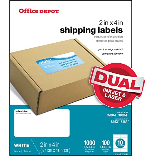 Office Depot White Inkjet/Laser Shipping Labels, 2in. x 4in., Box Of 1,000, 505-O004-0008