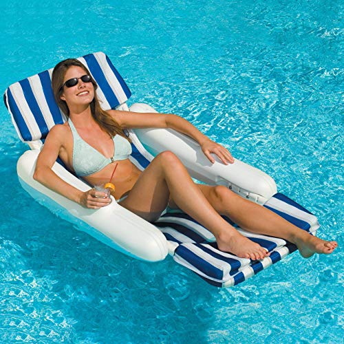 Swimline SunChaser Swimming Pool Padded Floating Luxury Chair Lounger with Pillow and Cupholders, No Inflation Necessary (2 Pack), Blue/White