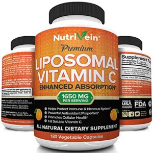 Nutrivein Liposomal Vitamin C 1650mg - 180 Capsules - High Absorption Ascorbic Acid - Supports Immune System & Collagen Booster - Powerful Antioxidant